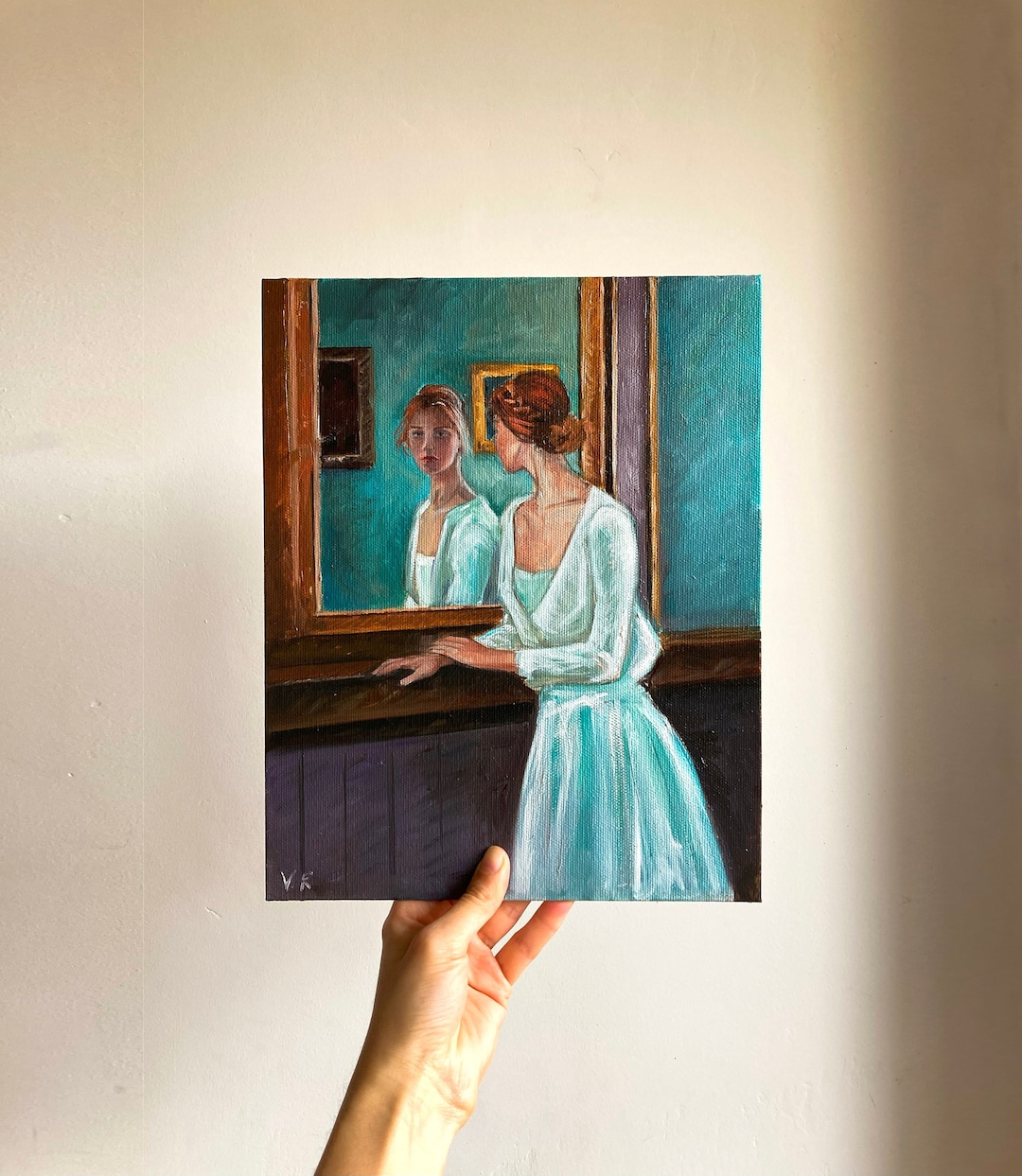 Original Oil Painting of a Girl Looking in the Mirror, Portrait of a ...