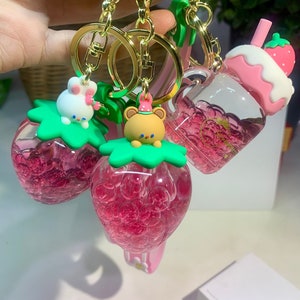 Kawaii Pink Strawberry Liquid Keychain - Bunny, Bear, or Milkshake - Etsy