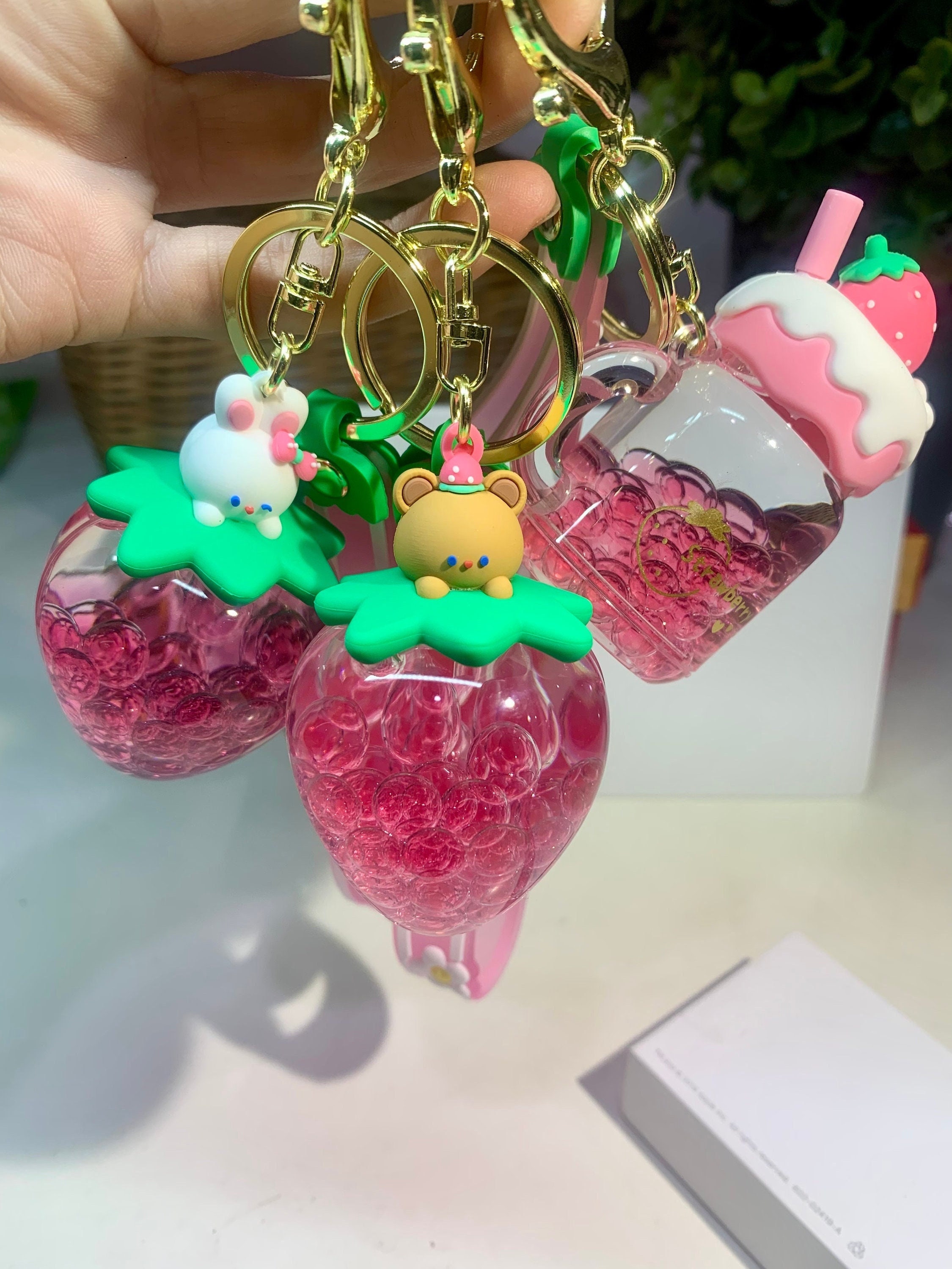 Kawaii Pink Strawberry Liquid Keychain - Bunny, Bear, or Milkshake - Etsy