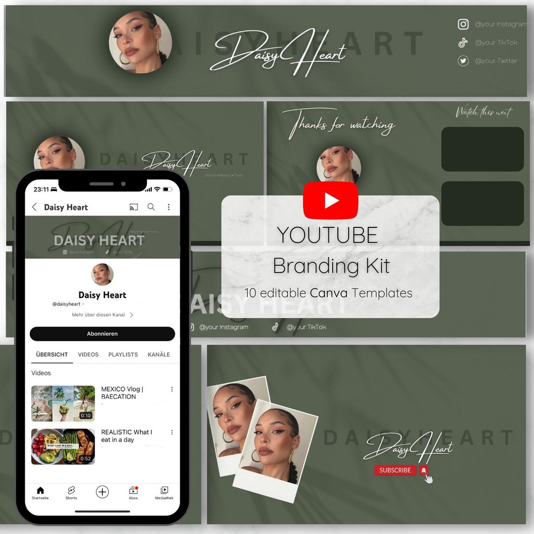 Youtube Branding Kit | Editable Banner Intro Outro Thumbnails Canva Templates Intro Green ...