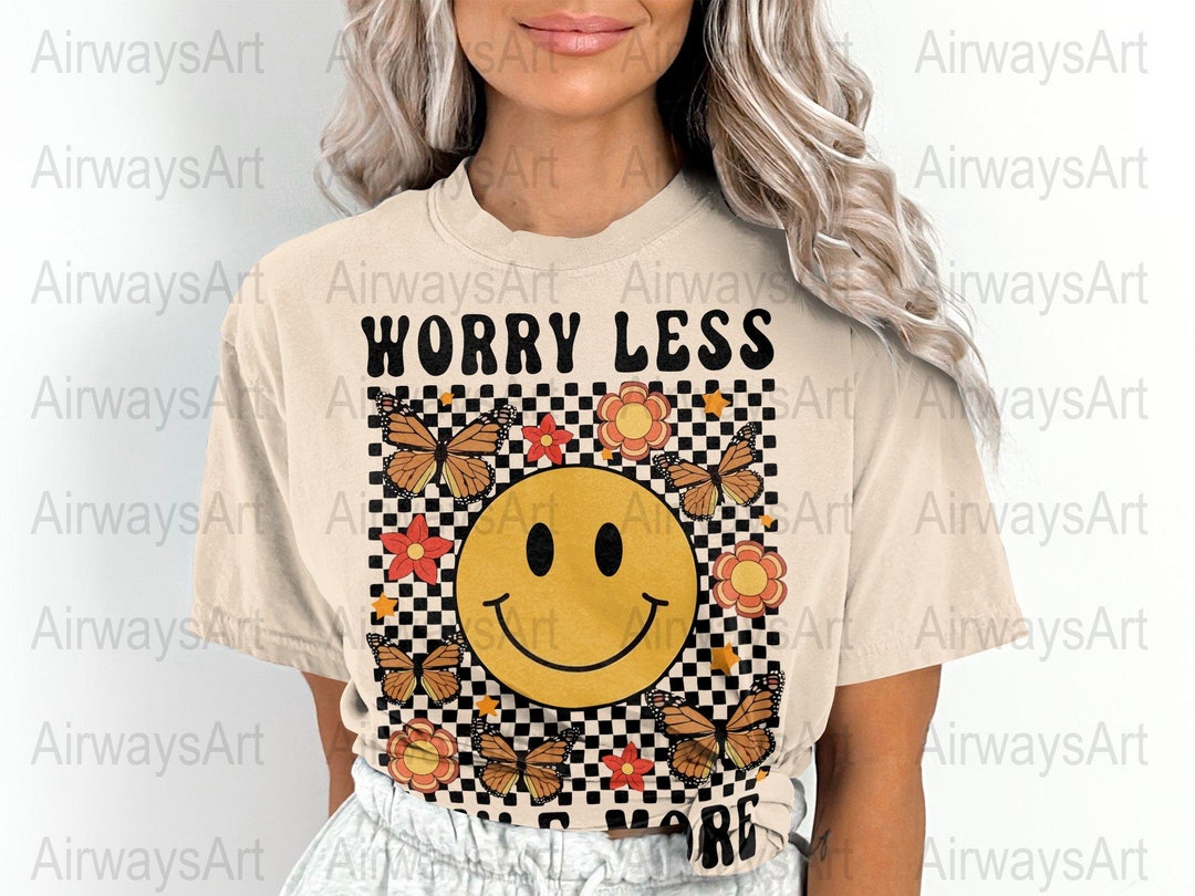 Worry Less Smile More Digital PNG, Happy Face Checkered Background ...