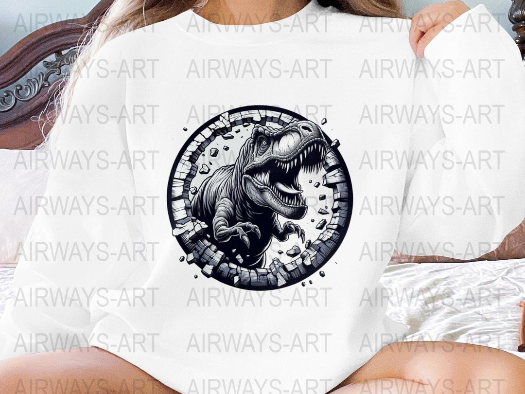 Roaring T-rex Dinosaur Breaking Through Circle, Black and White Art PNG ...