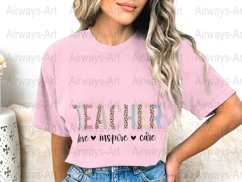 Teacher Love Inspire Care Leopard Print T-shirt Design, PNG Instant ...