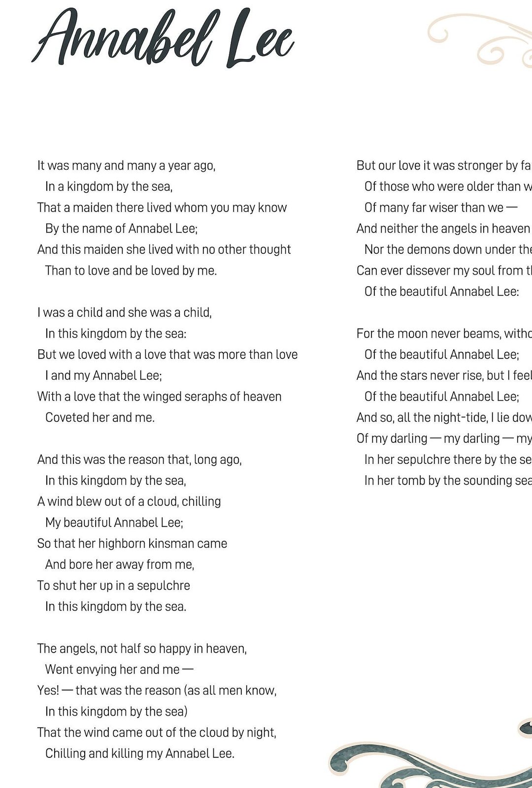 ANNABEL LEE, Edgar Allan Poe,romantic Poetry Dark Romanticism Death ...