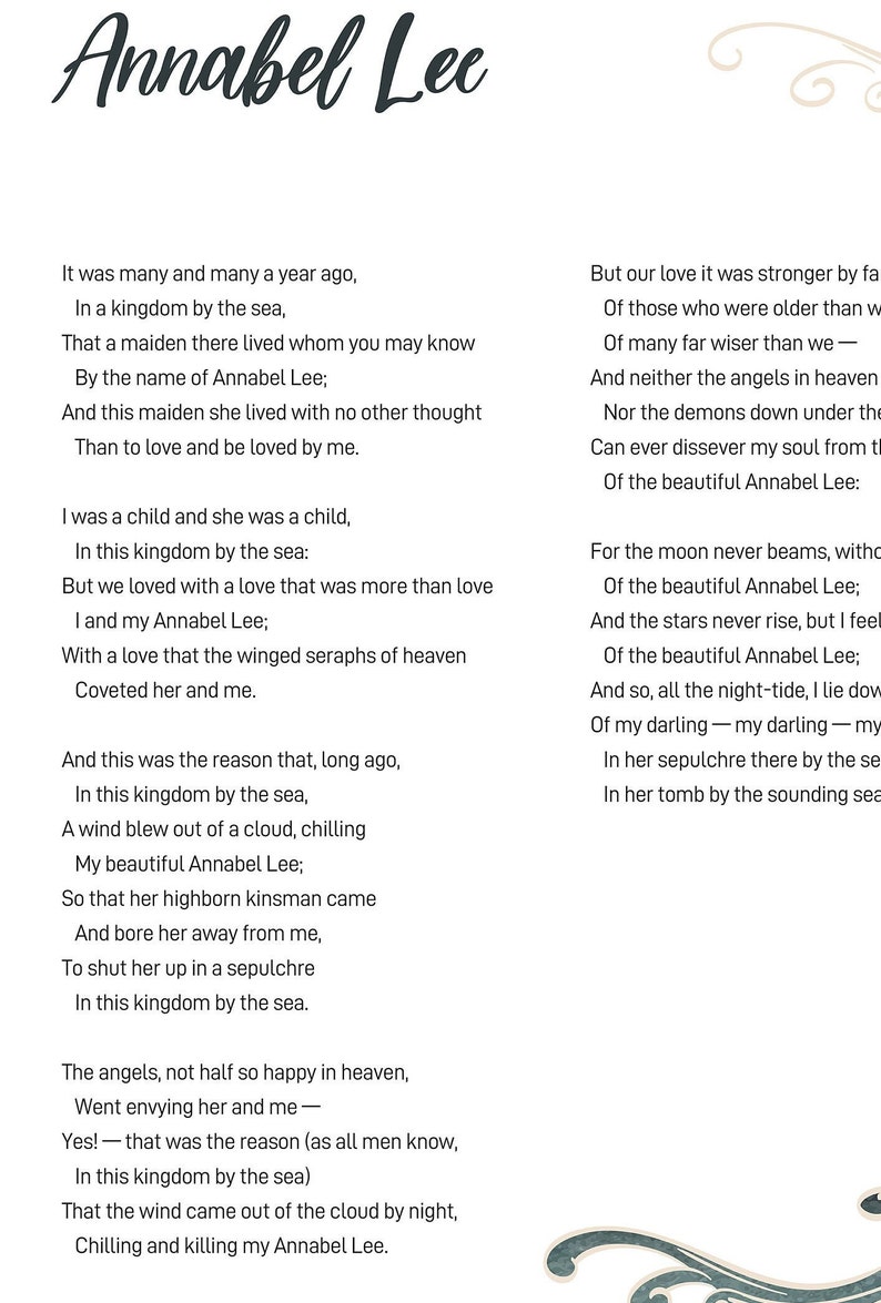 Annabel Lee Poem by Edgar Allan Poe, Romantic Literature - Etsy