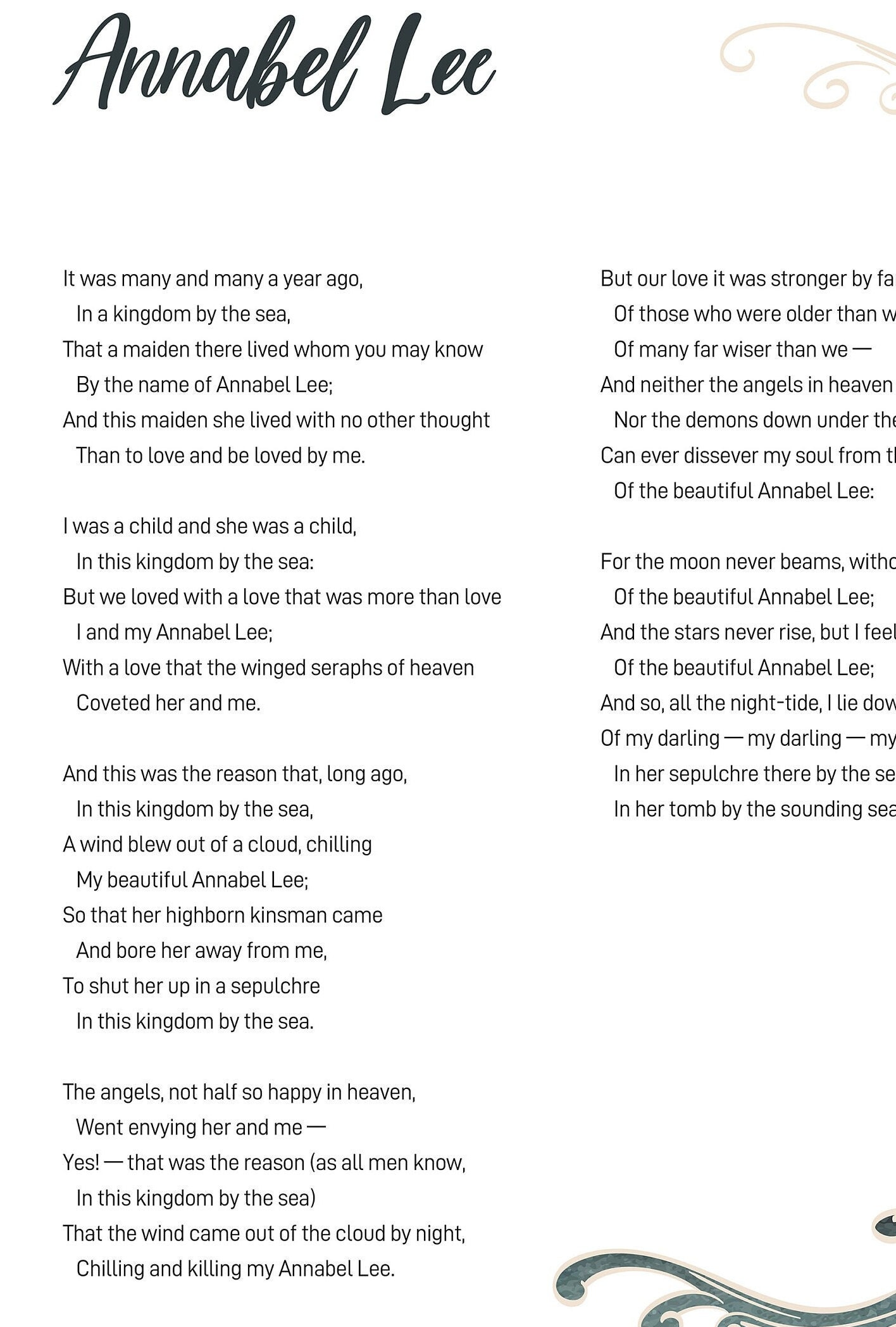 ANNABEL LEE, Edgar Allan Poe,romantic Poetry Dark Romanticism Death ...