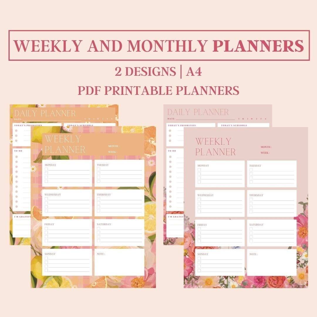 Printable Weekly and Monthly Planners, Vibrant Floral Design, Digital ...