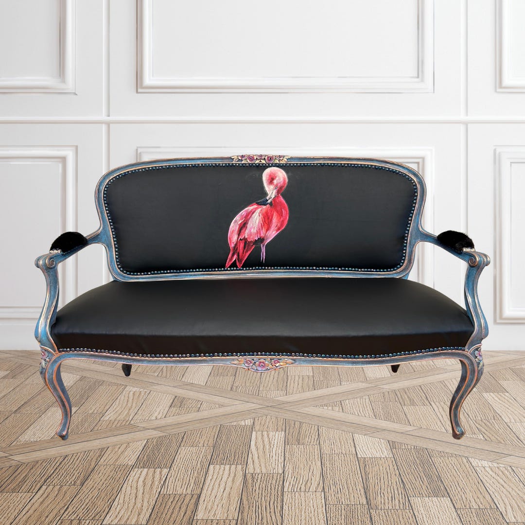 Flamingo Decoupage Loveseat | Restored Antique Sofa With Mink Fur Arms ...