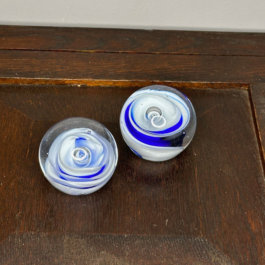 Pair of Art Glass Blue & White Swirl Paperweights. Glass Art. Home ...