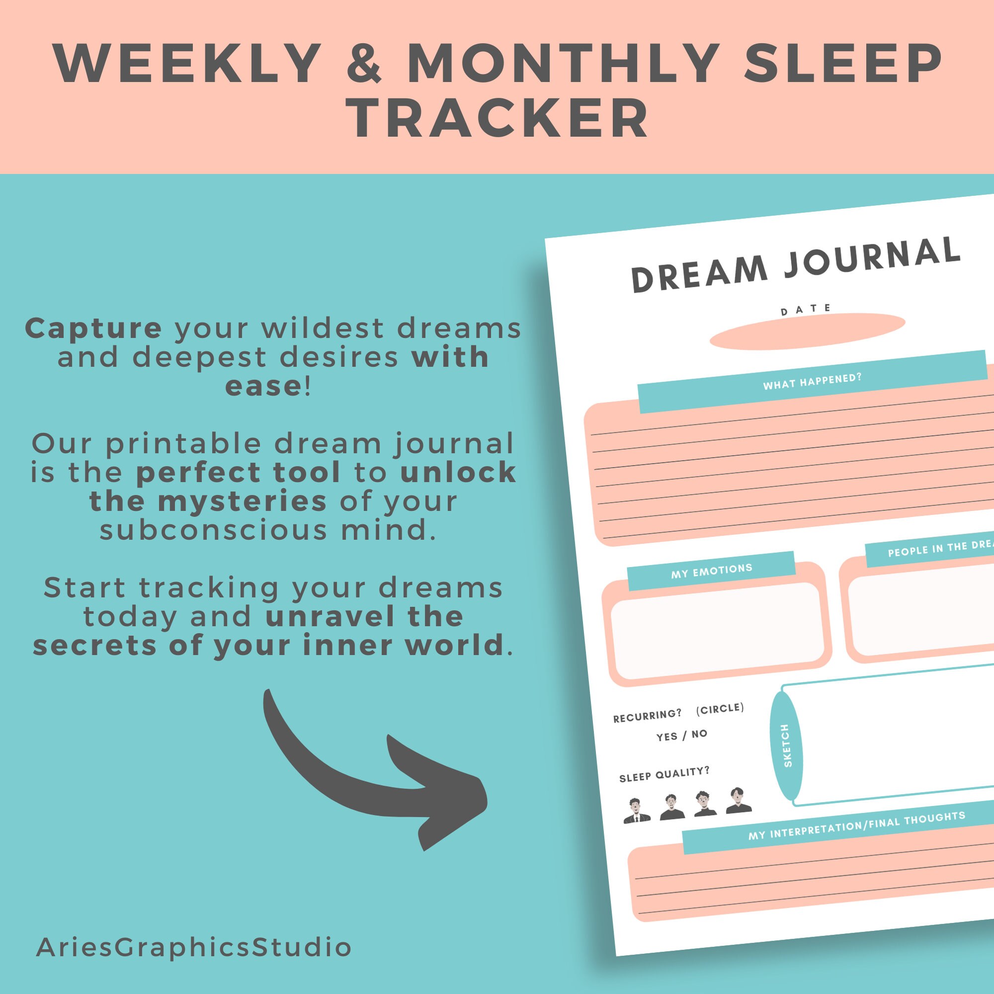 Printable Sleep Tracker Dream Journal Monthly / Weekly Sleep Log ...