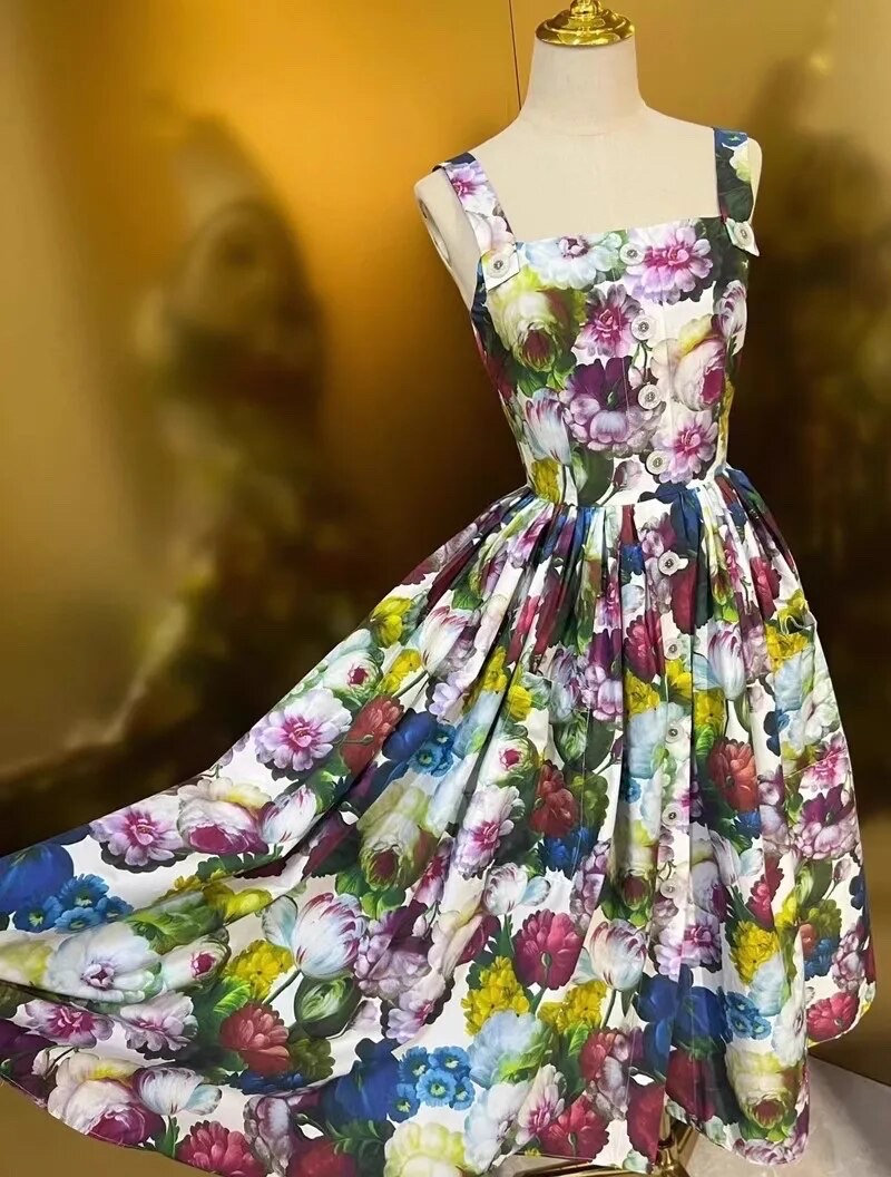 Handmade Italian Designer Sicily Flowers Print Sleeveless Cotton Dress ...
