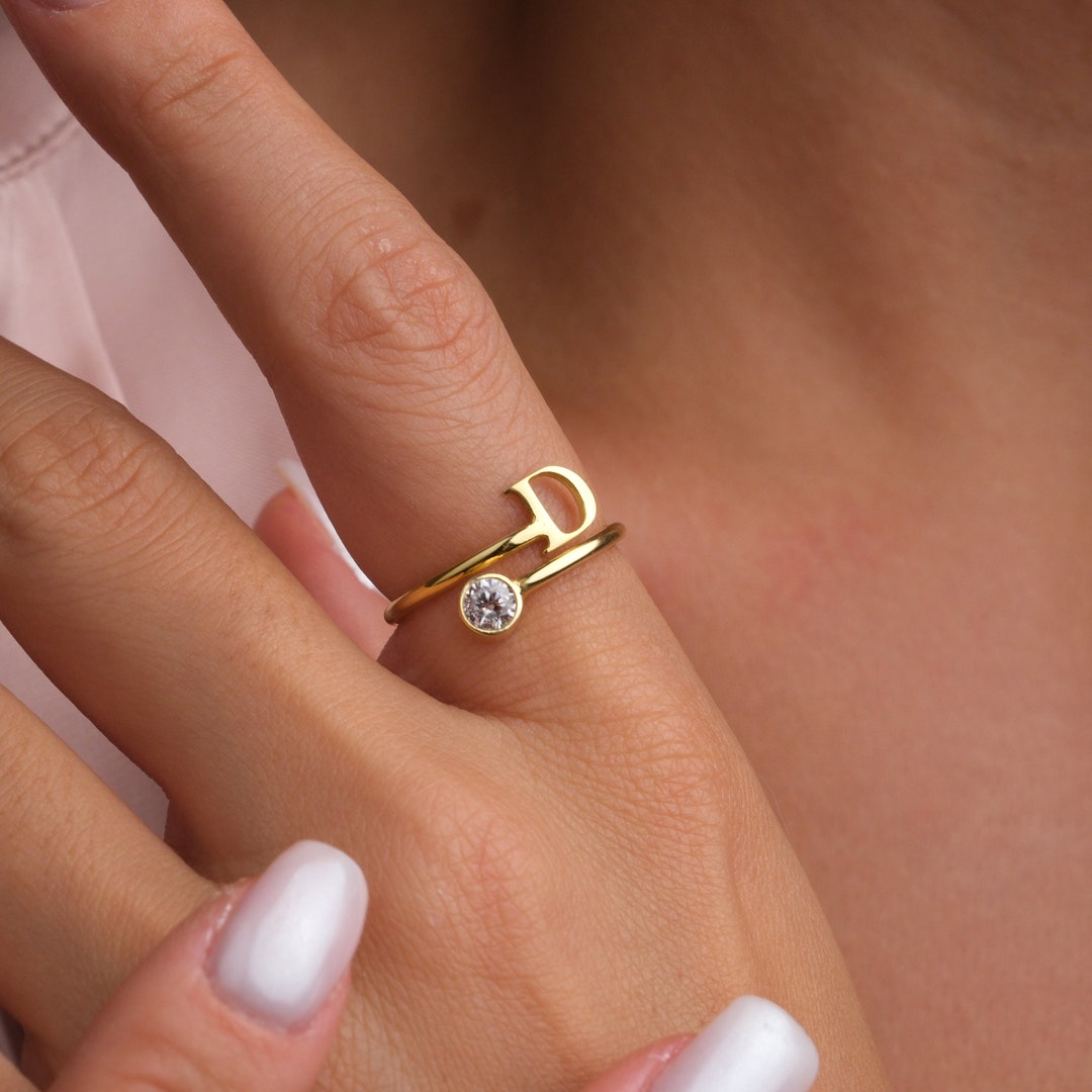 14K Birthstone Letter Ring, Handwritten Letter Ring With 14K Gold ...