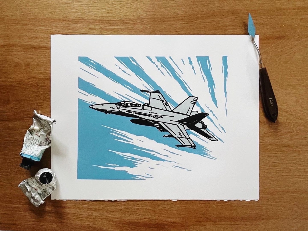 Into the Blue - F/A-18C - Original Handmade Block Print - Etsy