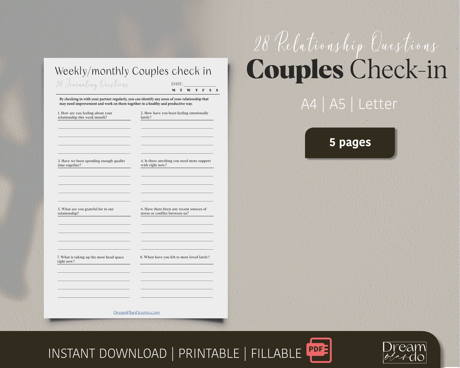 28 Questions Couples Check In, , Minimal PDF Fillable/printable ...