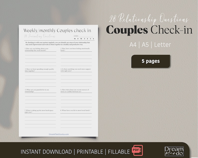 28 Questions Couples Check In, , Minimal PDF Fillable/printable ...