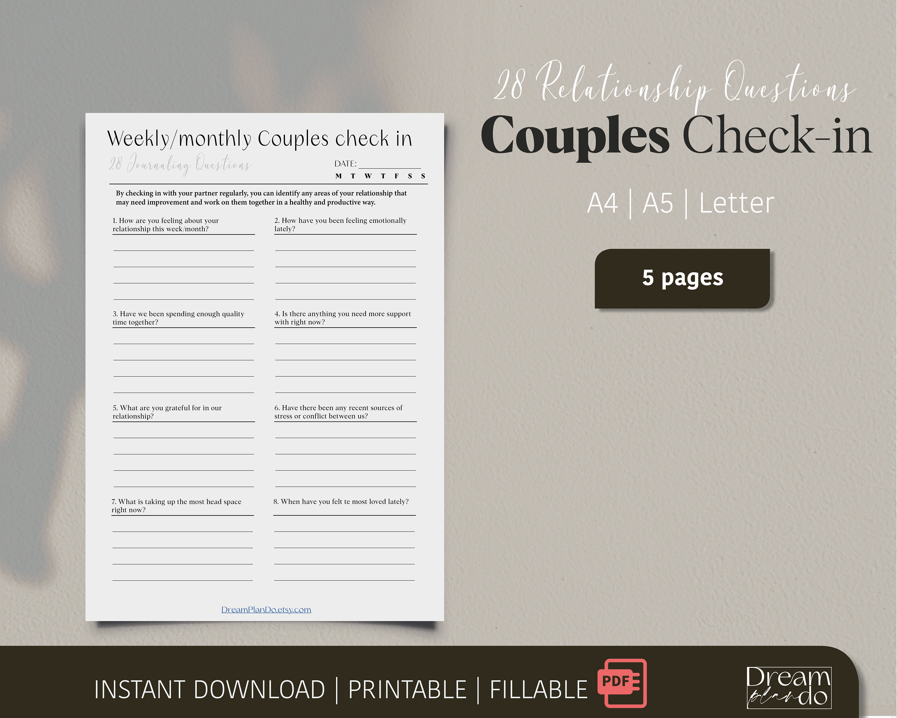 28 Questions Couples Check In, , Minimal PDF Fillable/printable ...