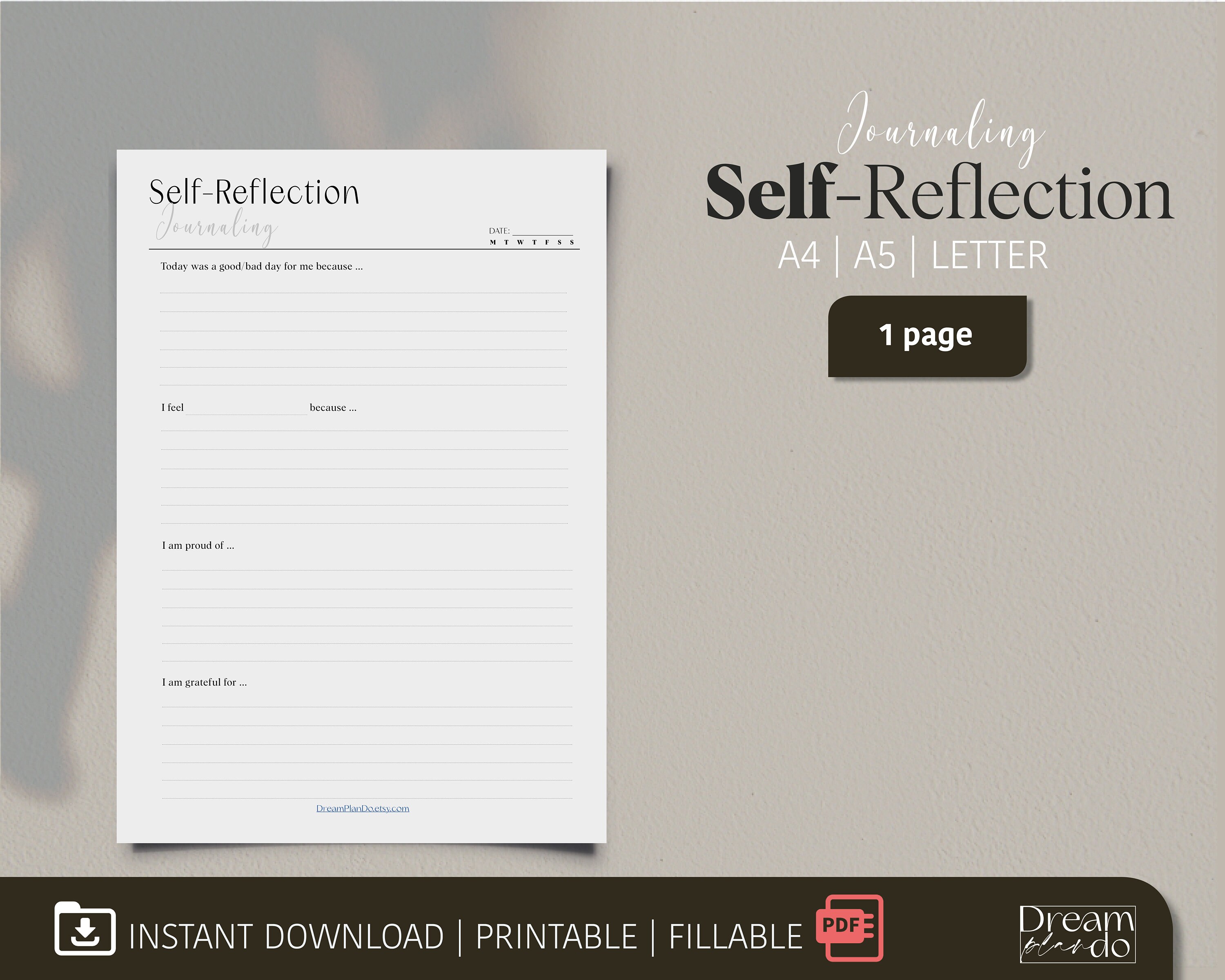 Self Reflection Template, Minimal PDF Fillable/printable Journal Page ...