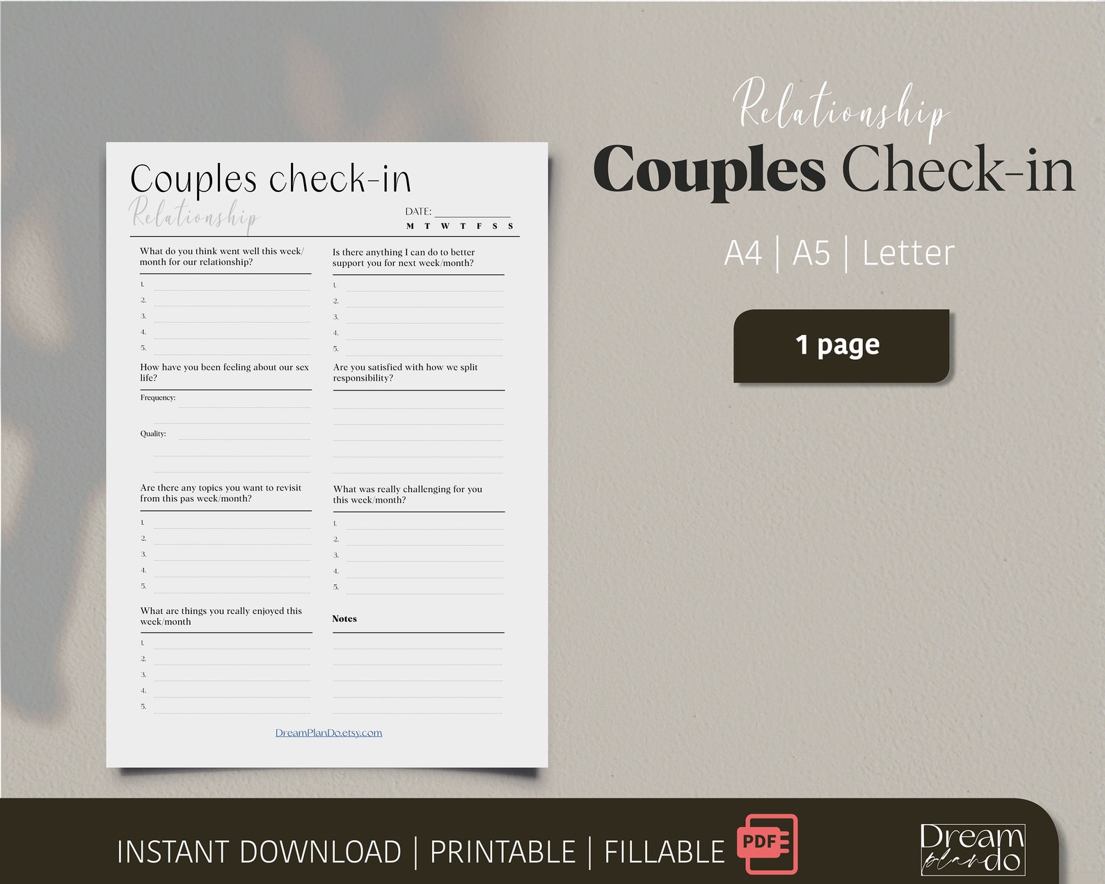 Couples Check-in PDF | Printable Weekly and Monthly Relationship ...