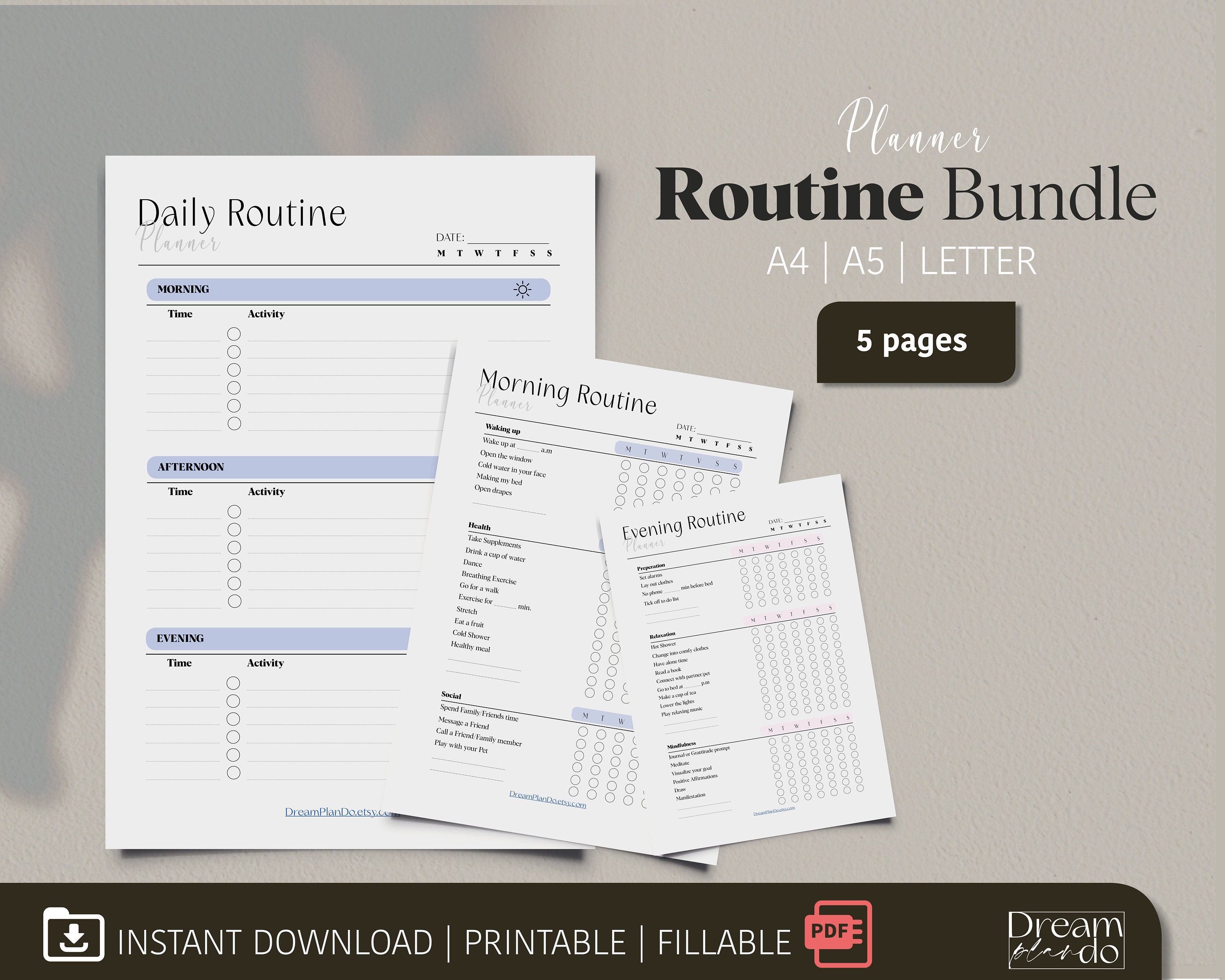 Daily Morning and Evening Routine Planner, Minimal PDF Fillable ...