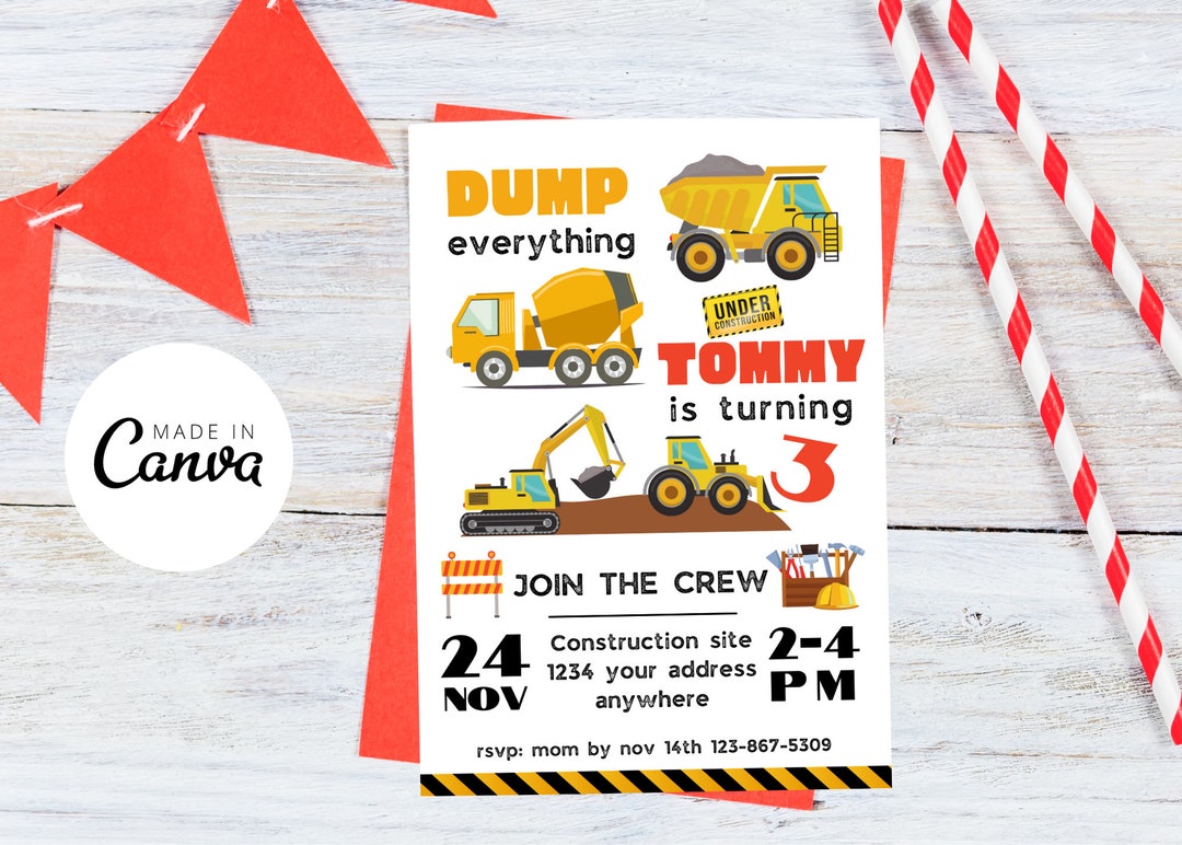 Editable Construction Themed Birthday Party Invitation Kids - Etsy