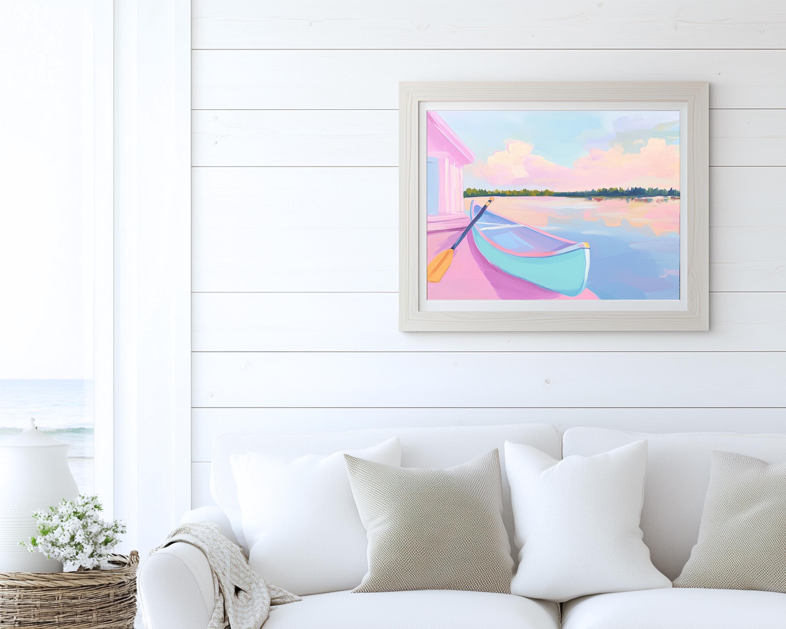 Mint and Pink Canoe Painting, Pastel Lake Dock Wall Art Print, Sunset ...