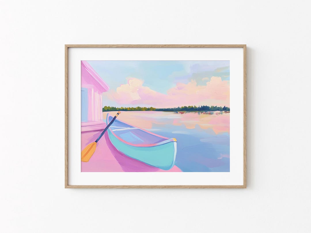 Mint and Pink Canoe Painting, Pastel Lake Dock Wall Art Print, Sunset ...