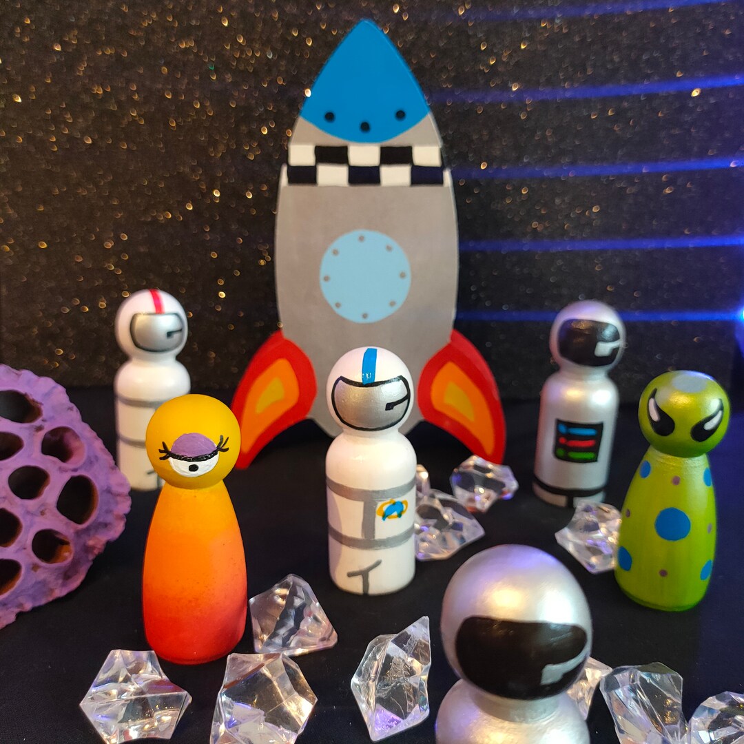 Spaceman Peg Dolls and Wooden Spaceship Small World Play, Comes ...
