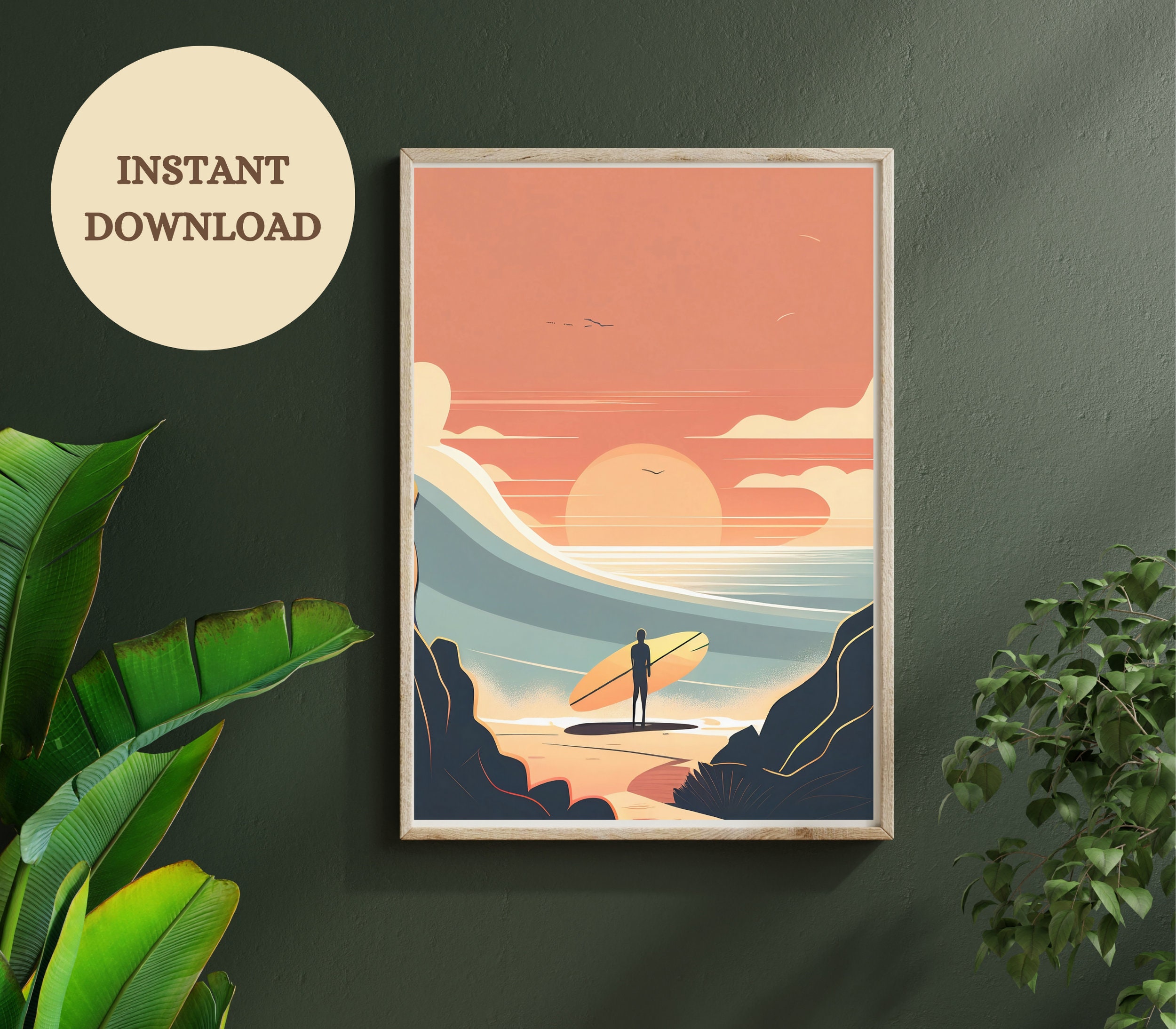 Surf Poster Printable, Sunset Beach Wall Art, Abstract Surfer Poster ...