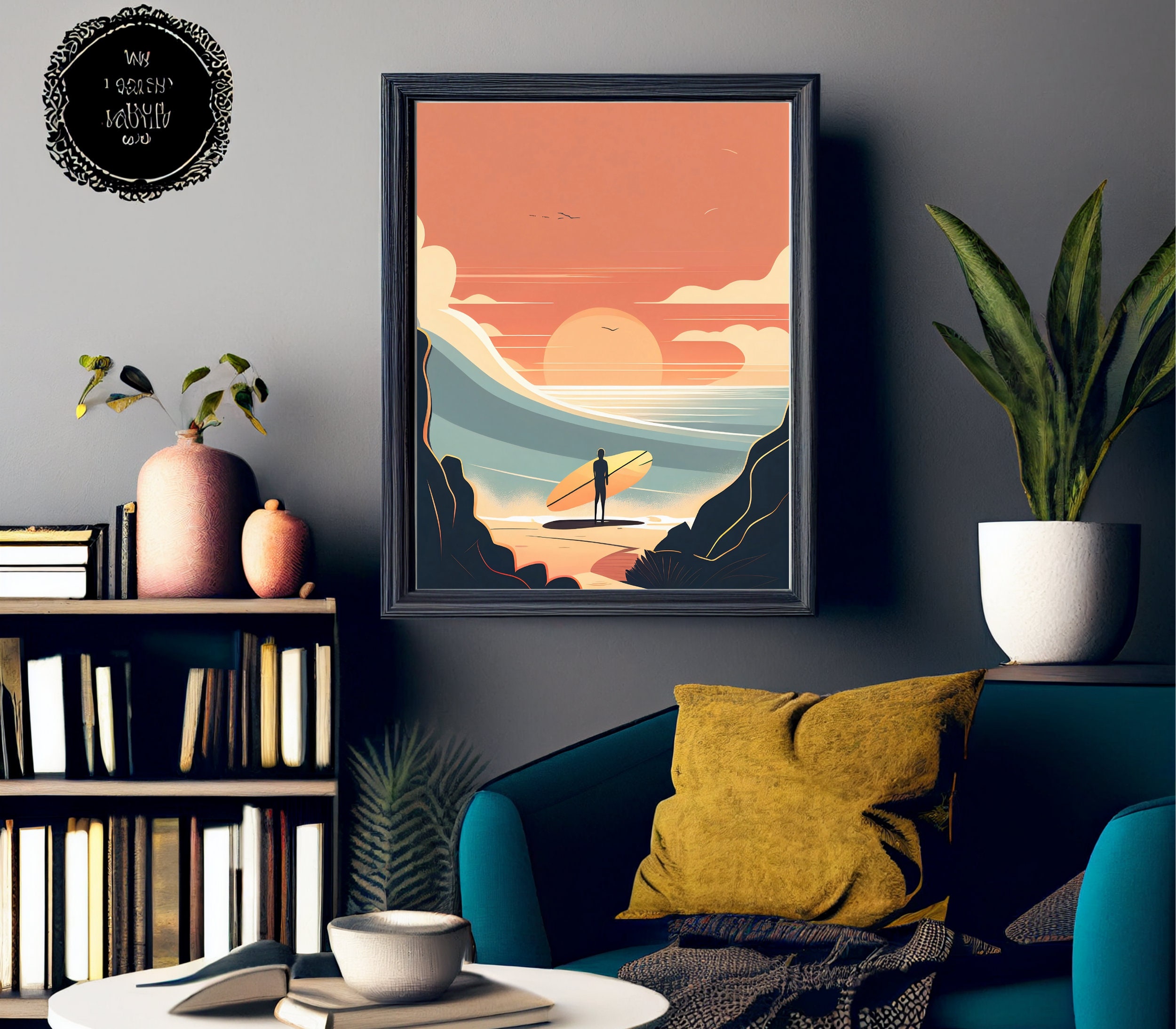 Surf Poster Printable, Sunset Beach Wall Art, Abstract Surfer Poster ...