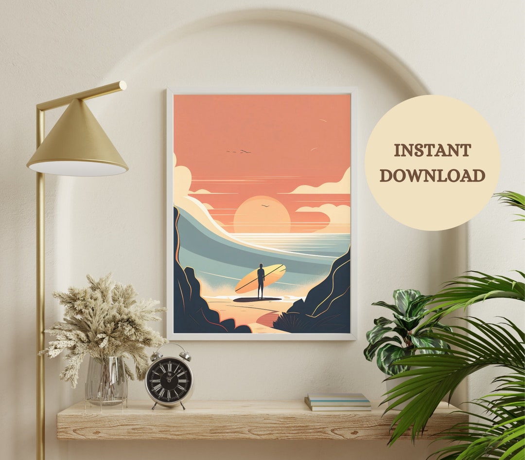 Surf Poster Printable, Sunset Beach Wall Art, Abstract Surfer Poster ...