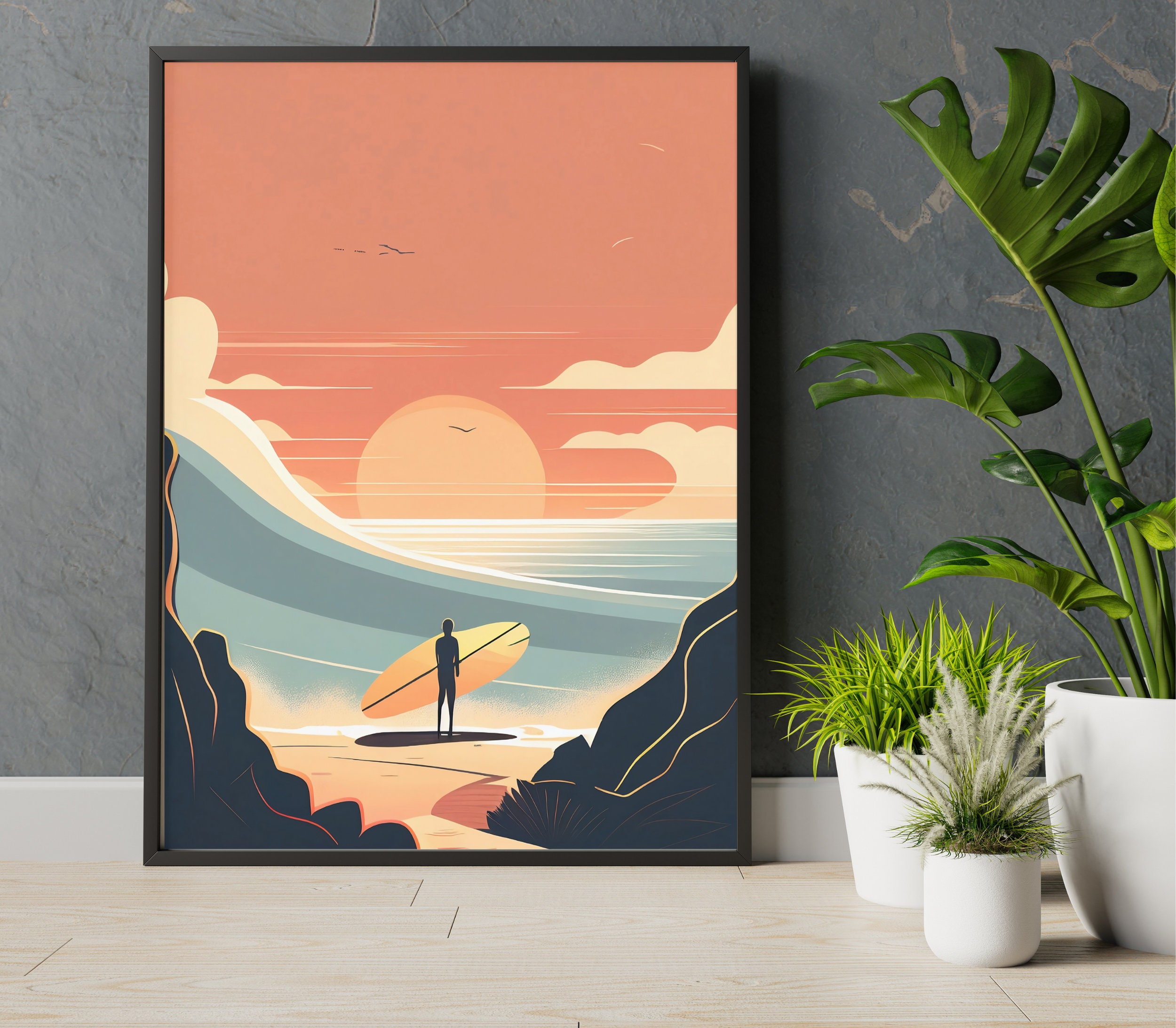Surf Poster Printable, Sunset Beach Wall Art, Abstract Surfer Poster ...
