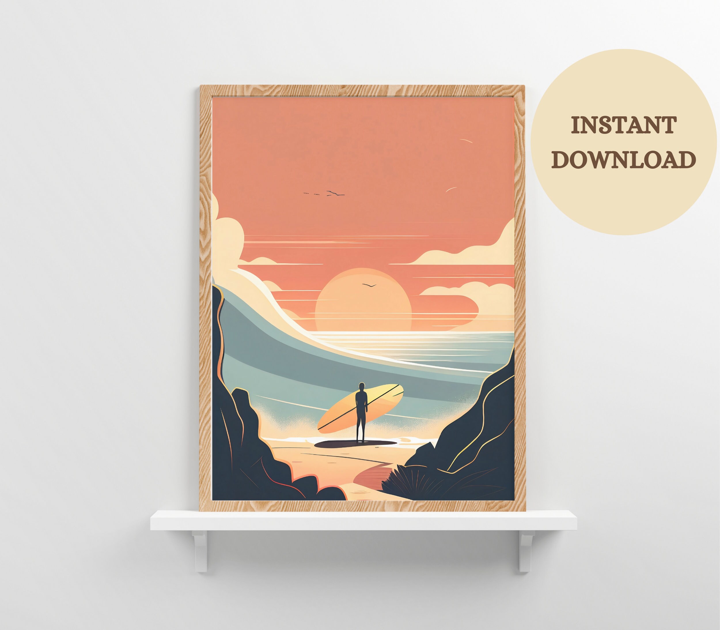 Surf Poster Printable, Sunset Beach Wall Art, Abstract Surfer Poster ...
