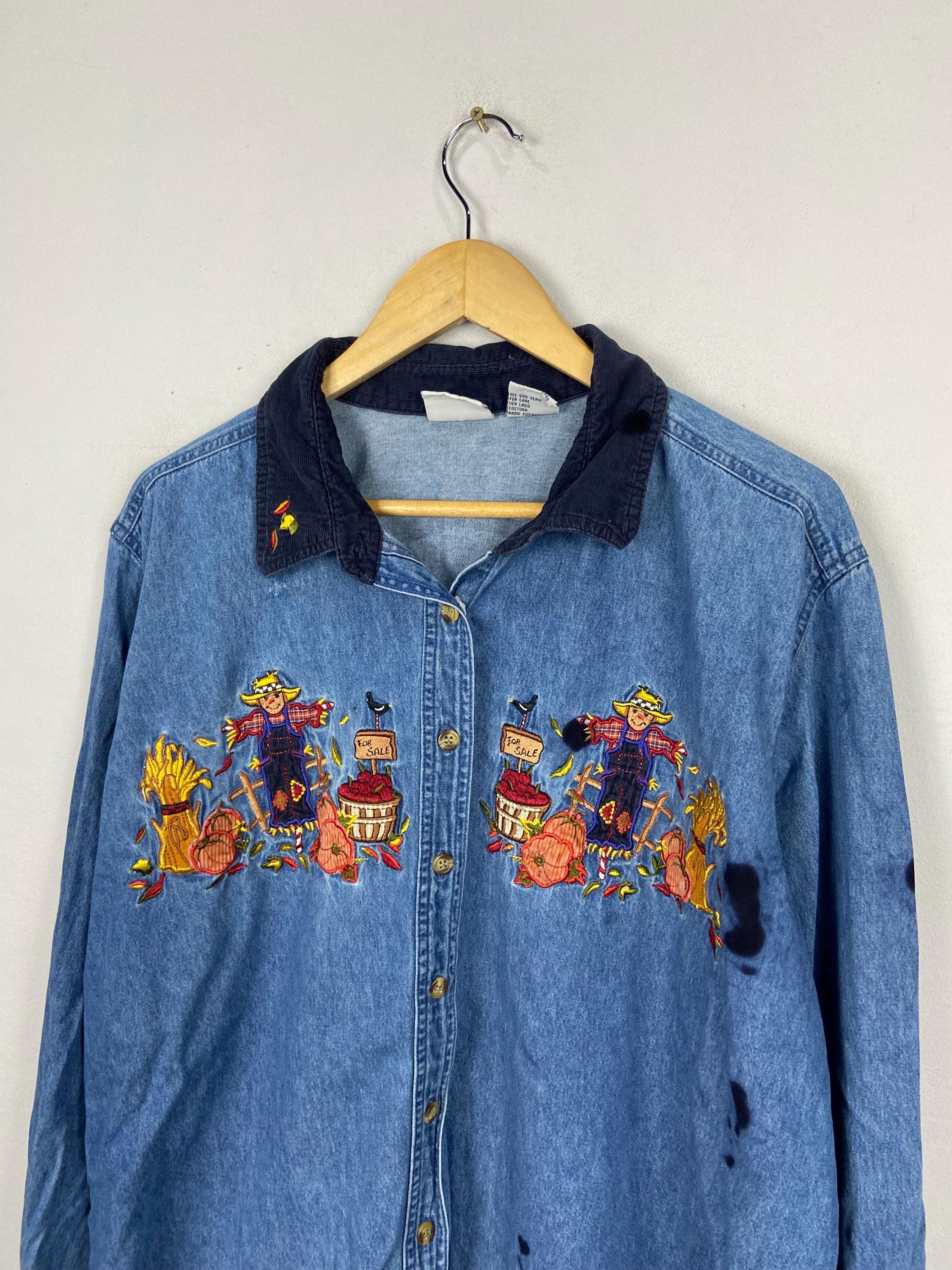 Vintage Bobbie Brooks Denim Shirt, Embroidered Fall Design (size L) - Etsy