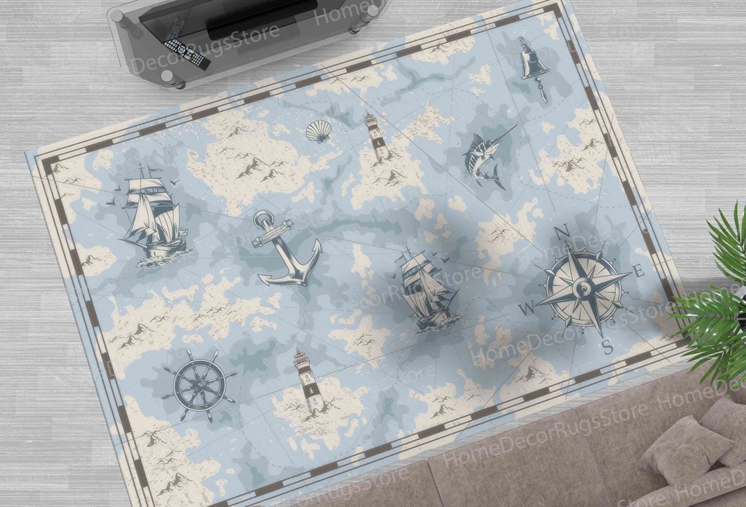 Sea Compass Rug, Boy Room Rug, Sea Concept Rugs, Kids Rugs, Non-slip ...