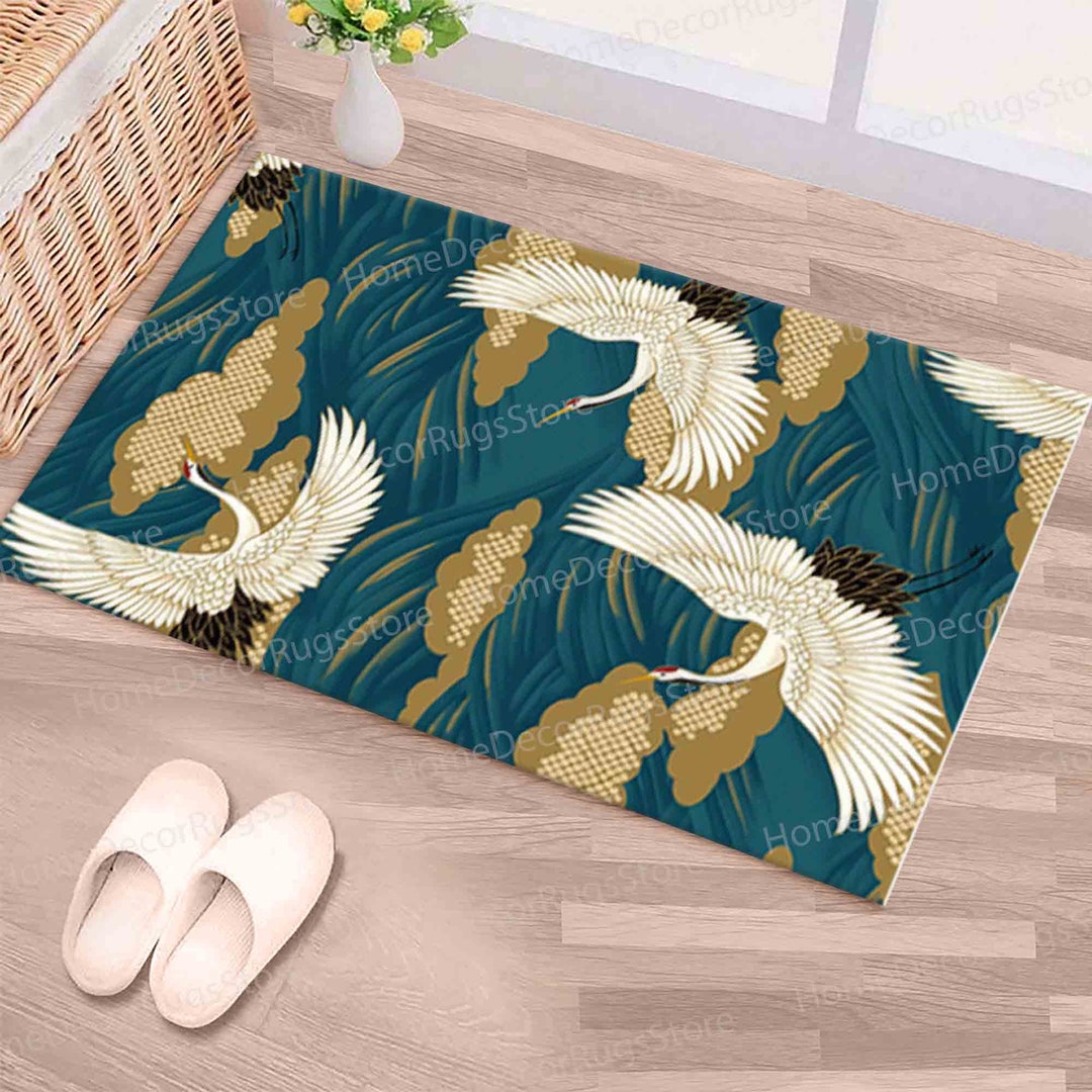 Japanese Art Crane Birds Rug, Machine Washable Rugs, Abstract Rug ...