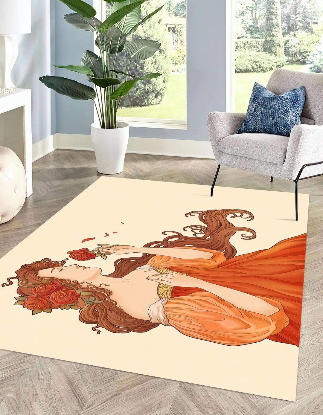 Mucha Goddess Holding Roses Rugs, Rose Rug, Flower Rugs, Modern Rugs ...