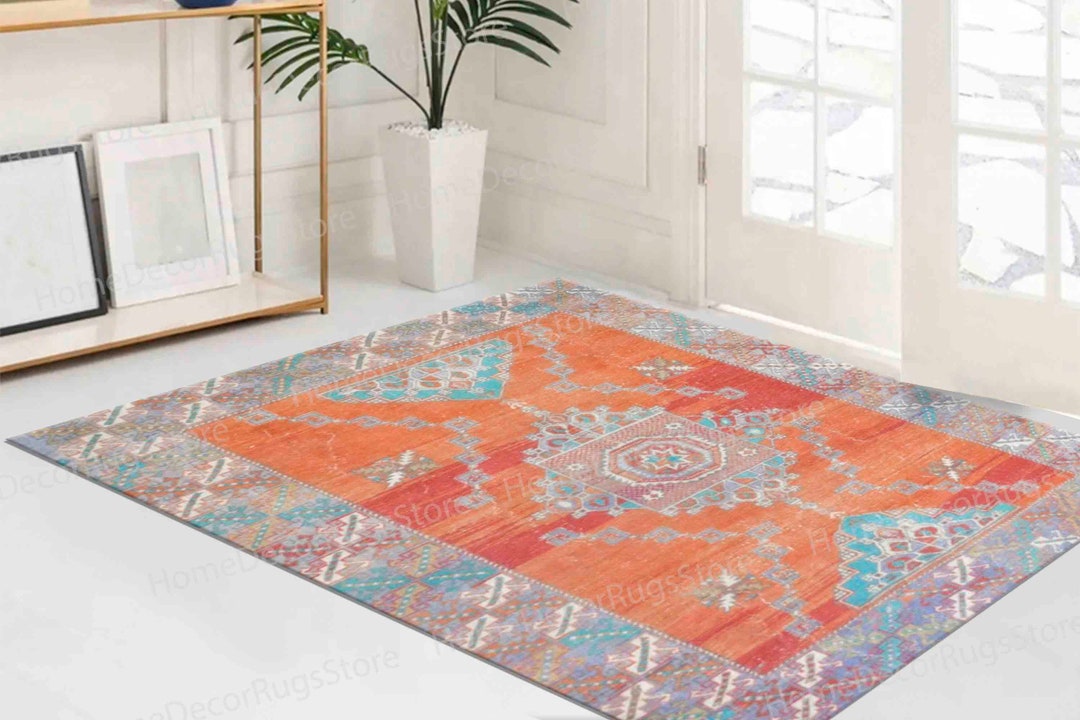 Orange and Blue Rugs, Orange Rugs, Geometric Pattern Rugs, Turkish Stye ...