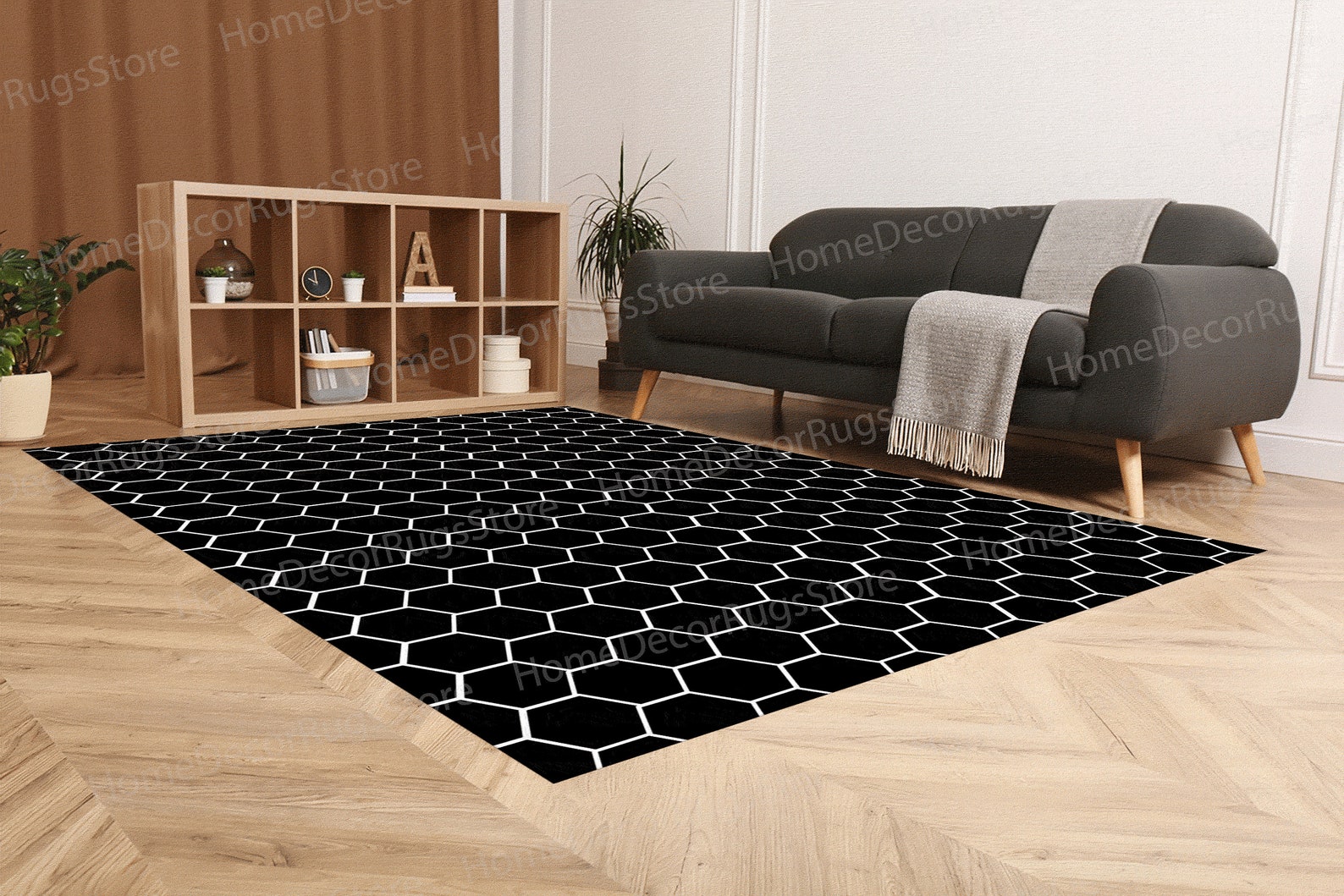 Bee Honeycomb Pattern Rug, Black Rug, Geometric Pattern Rug, Modern ...