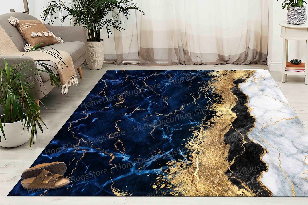 Floor Rug, Blue Marble Rug, Chenille Rugs, Kitchen Rug, Blue Rug, Navy ...