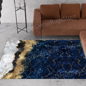 Blue Marble Rug, Gift for Him Rug, Colorful Rugs, Blue and Gold Rugs ...