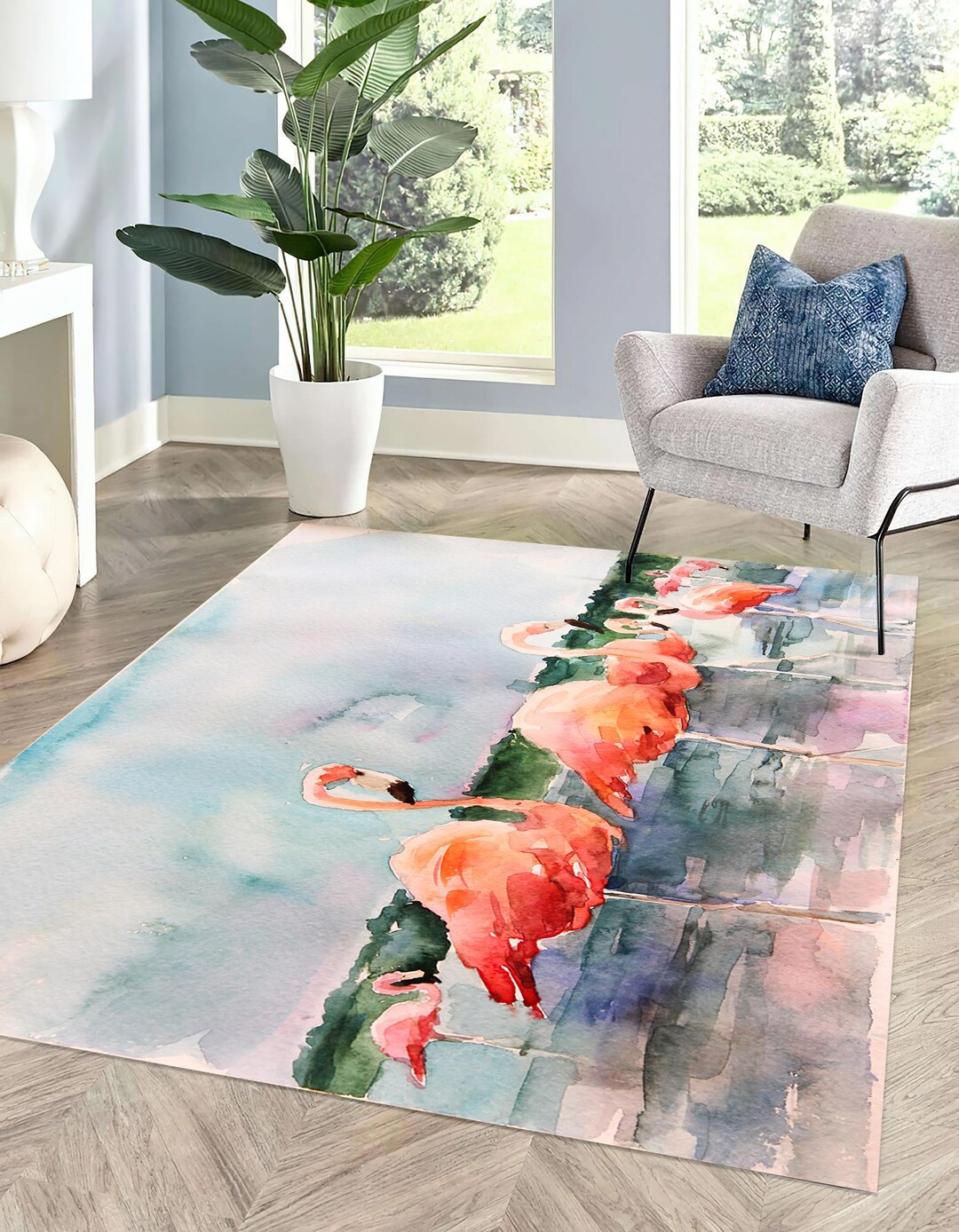 Watercolor Flamingo Painting Rug, Flamingo Rug, Abstract Flamingo Rug ...