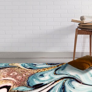 Luxury Marble Rugs, Blue and Gold Marble Rugs, Housewarming Gift Rug ...