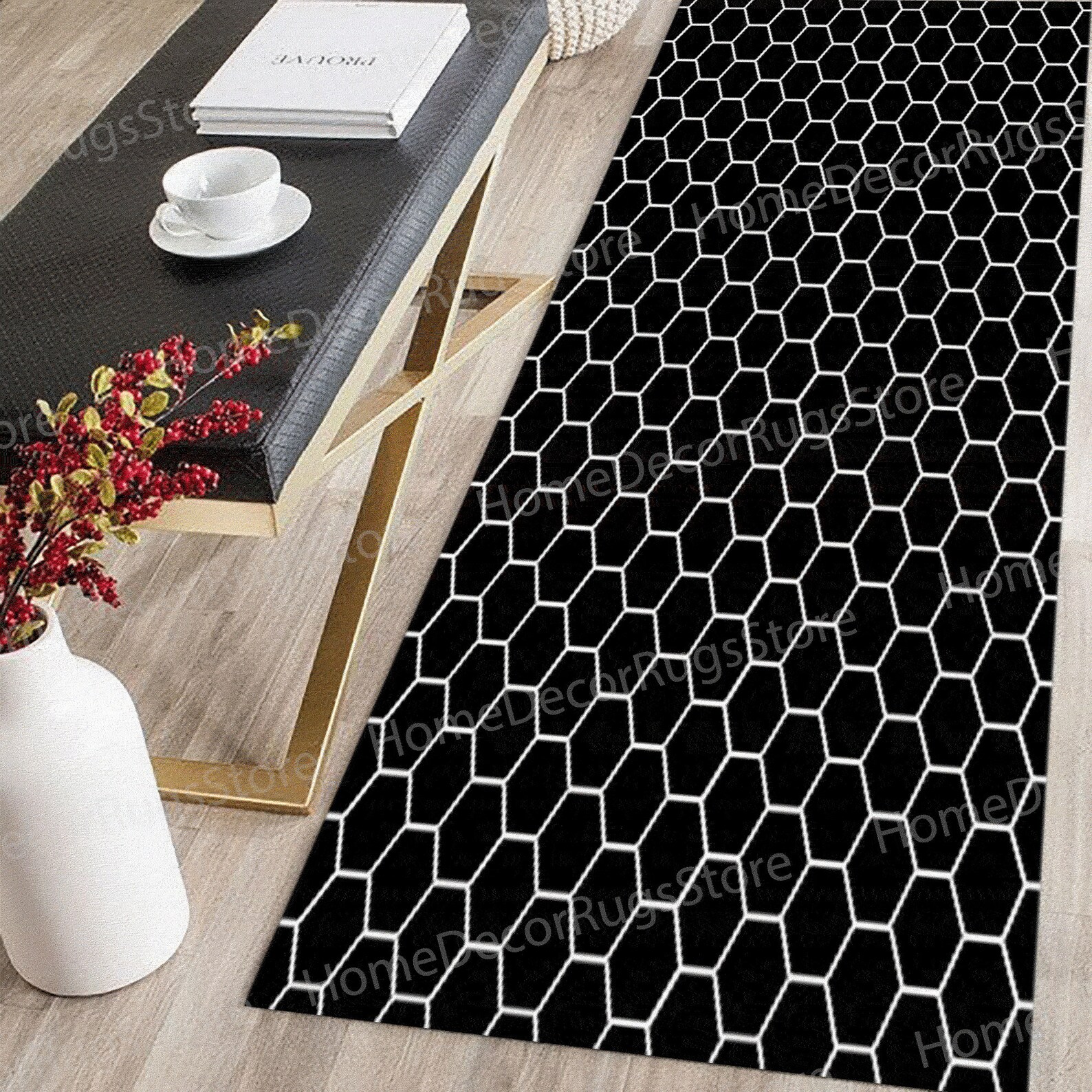 Bee Honeycomb Pattern Rug, Black Rug, Geometric Pattern Rug, Modern ...