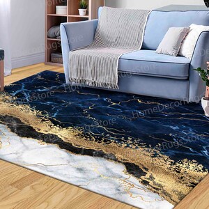 Floor Rug, Blue Marble Rug, Chenille Rugs, Kitchen Rug, Blue Rug, Navy ...