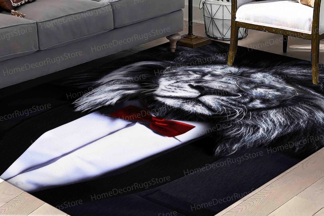 Animal Rug, Office Decor Rugs, Lion With Red Bow Tie Rug, Lion Rugs ...