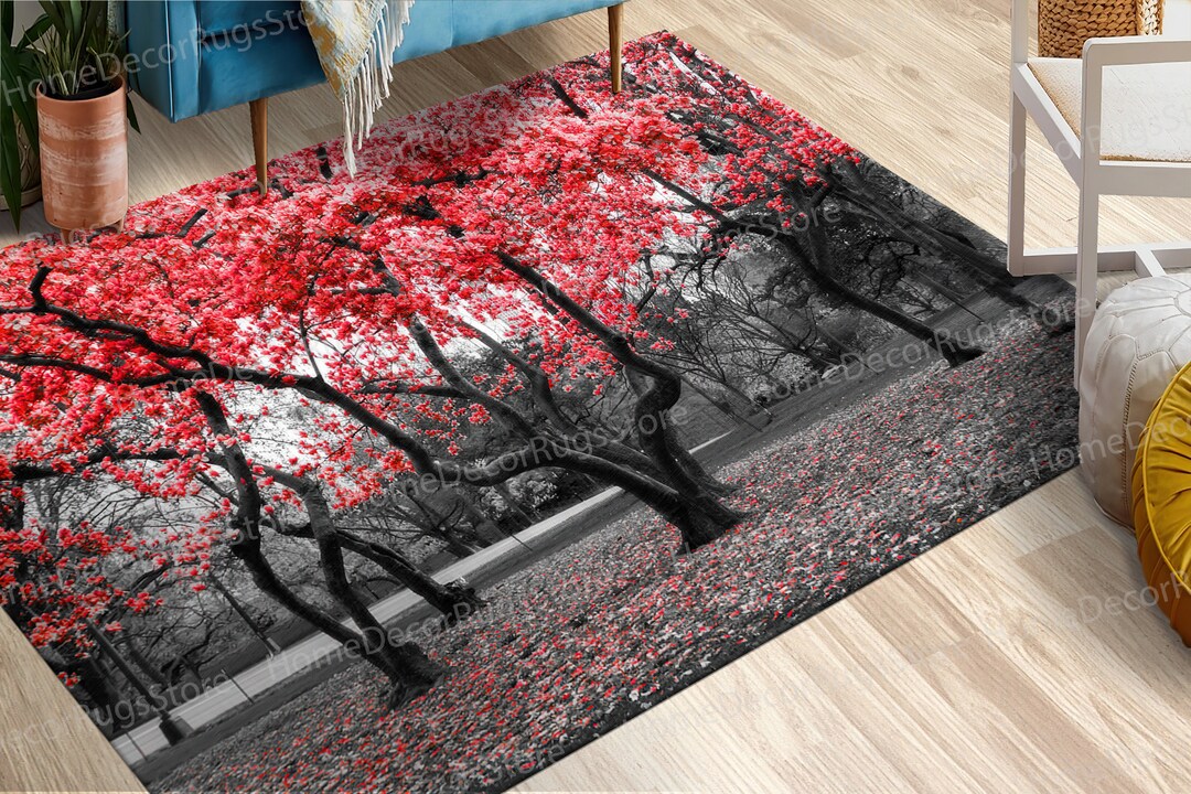 Trees Landscape Rug, Thick Rug, Landscape Rug, Trees With Red Flowers ...