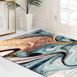 Luxury Marble Rugs, Blue and Gold Marble Rugs, Housewarming Gift Rug ...