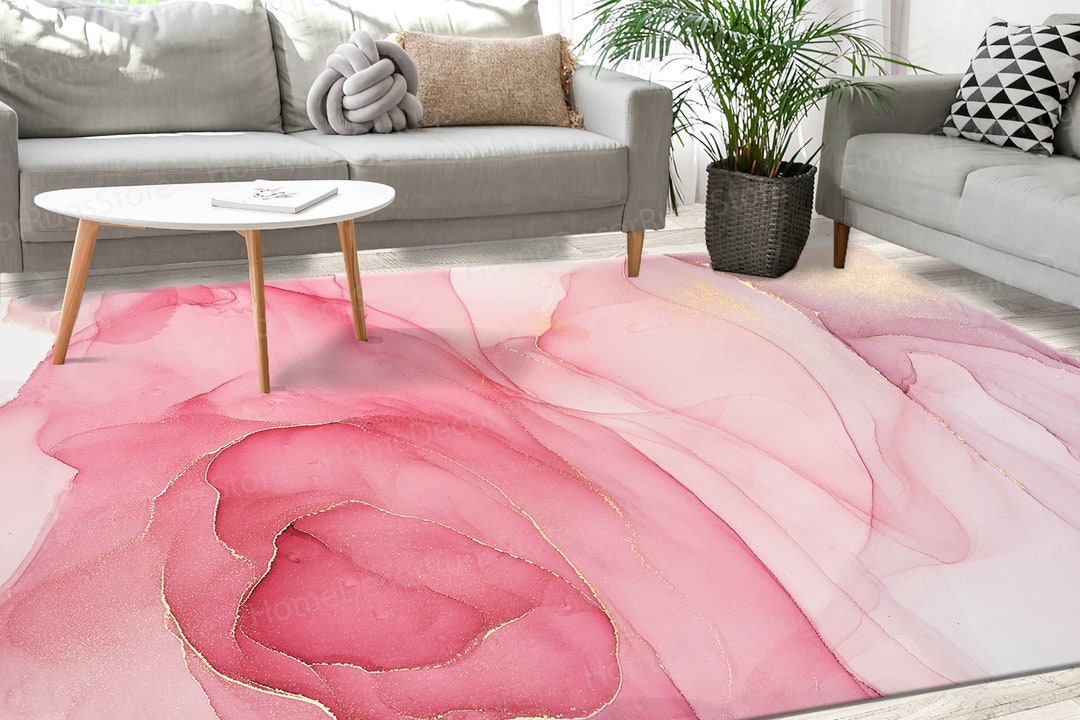 Pink and Gold Marble Rug, Pink Rugs, Nursery Rugs, Bedroom Rugs, Modern ...