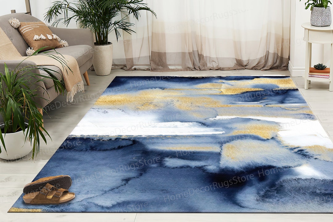 Modern Rugs, Gold Rugs, Blue and Gold Painting Rugs, Outdoor Rug ...