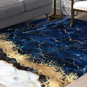 Blue Marble Rug, Gift for Him Rug, Colorful Rugs, Blue and Gold Rugs ...